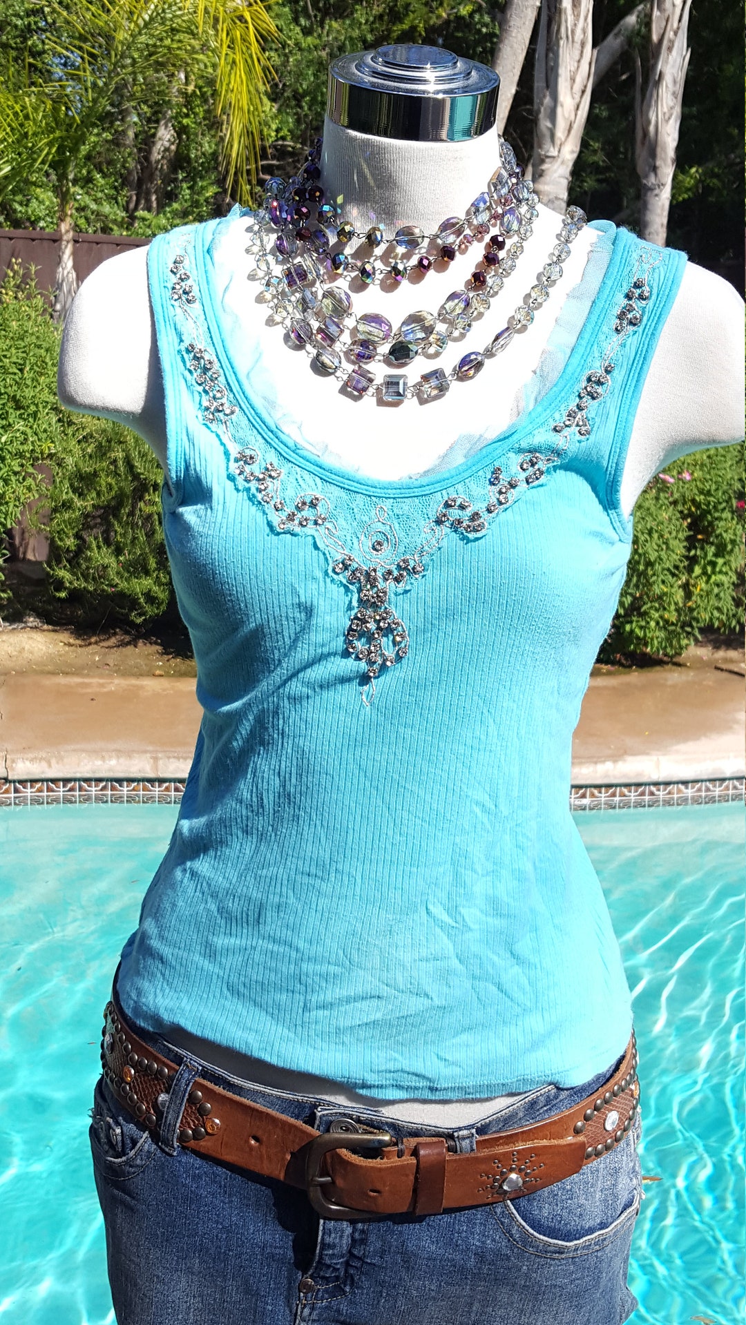 Vintage Guess Marciano Turquoise Sexy Lace Tank Top With Crystal ...