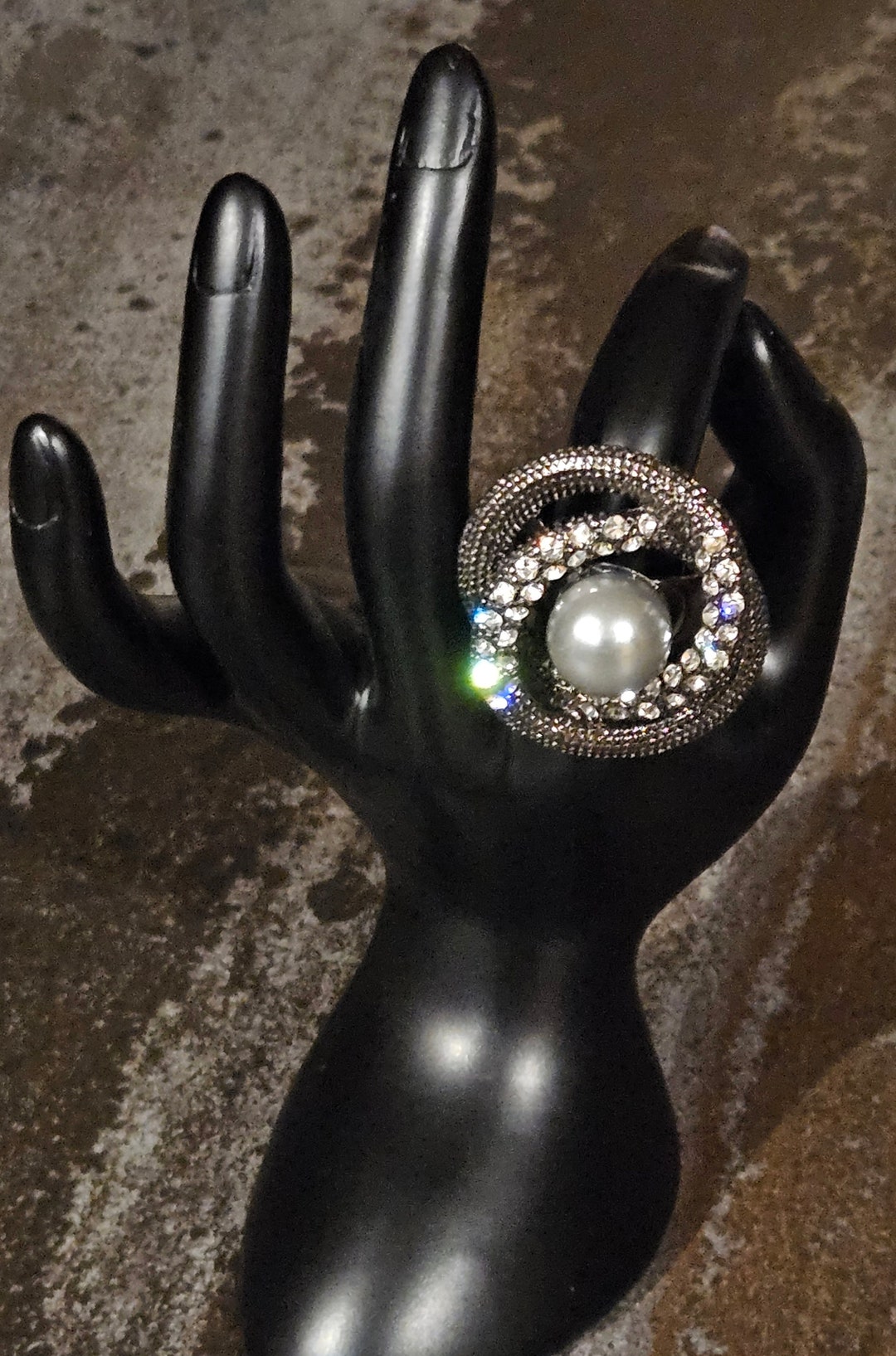 Beautiful Vintage Big Faux Pearl & Rhinestone Statement Ring Fake ...