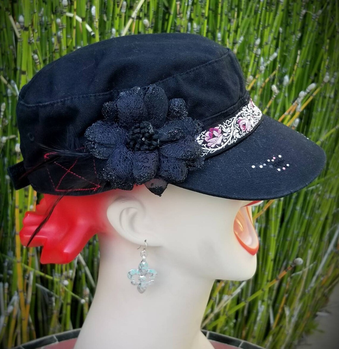 Vintage Military Style Cadet Cap Distressed Canvas Punk Rocker Rose ...