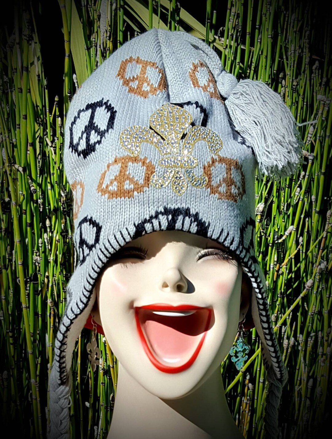Awesome Peace Sign Knit Beanie Hat Bling Fleur De Lis Design Ski Elf ...