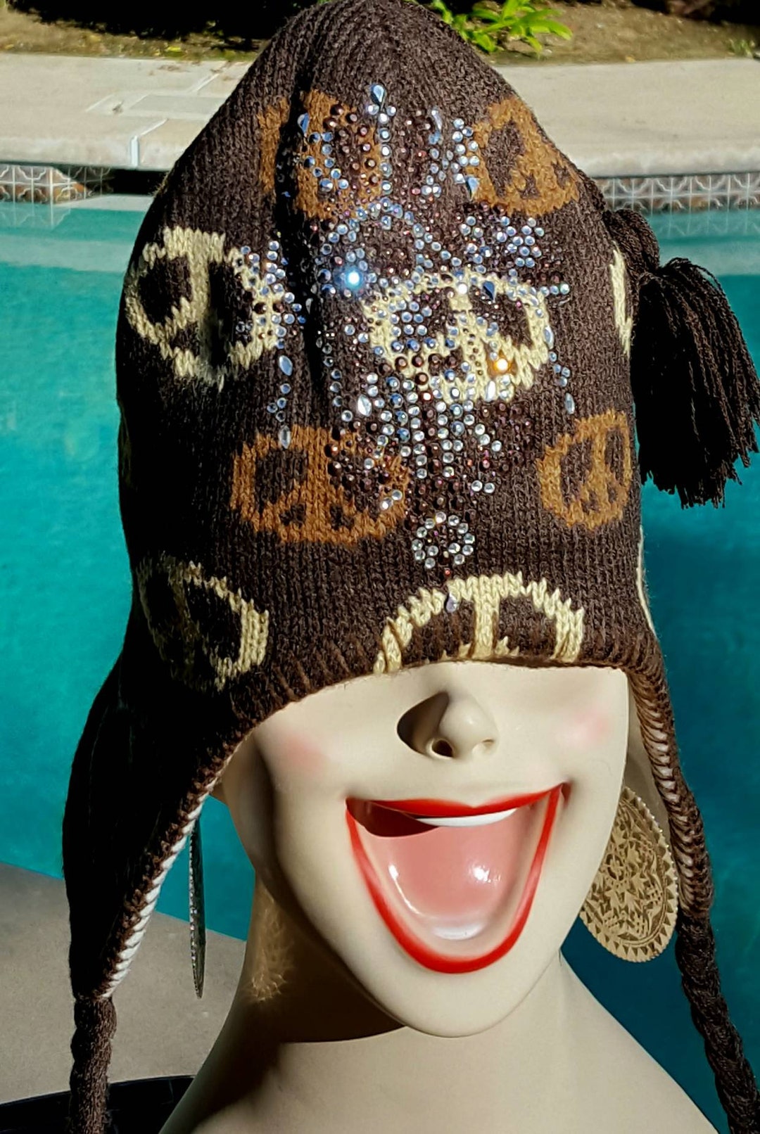 Bitchen Knit Peace Sign Beanie Hippie Boho Bling Ski Hat Studded Elf ...