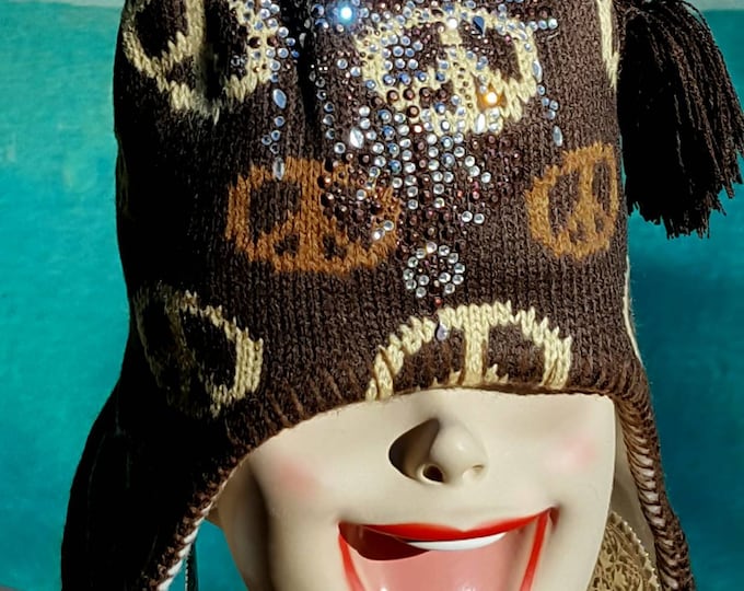 Bitchen Knit Peace Sign Beanie Hippie Boho Bling Ski Hat Studded Elf ...