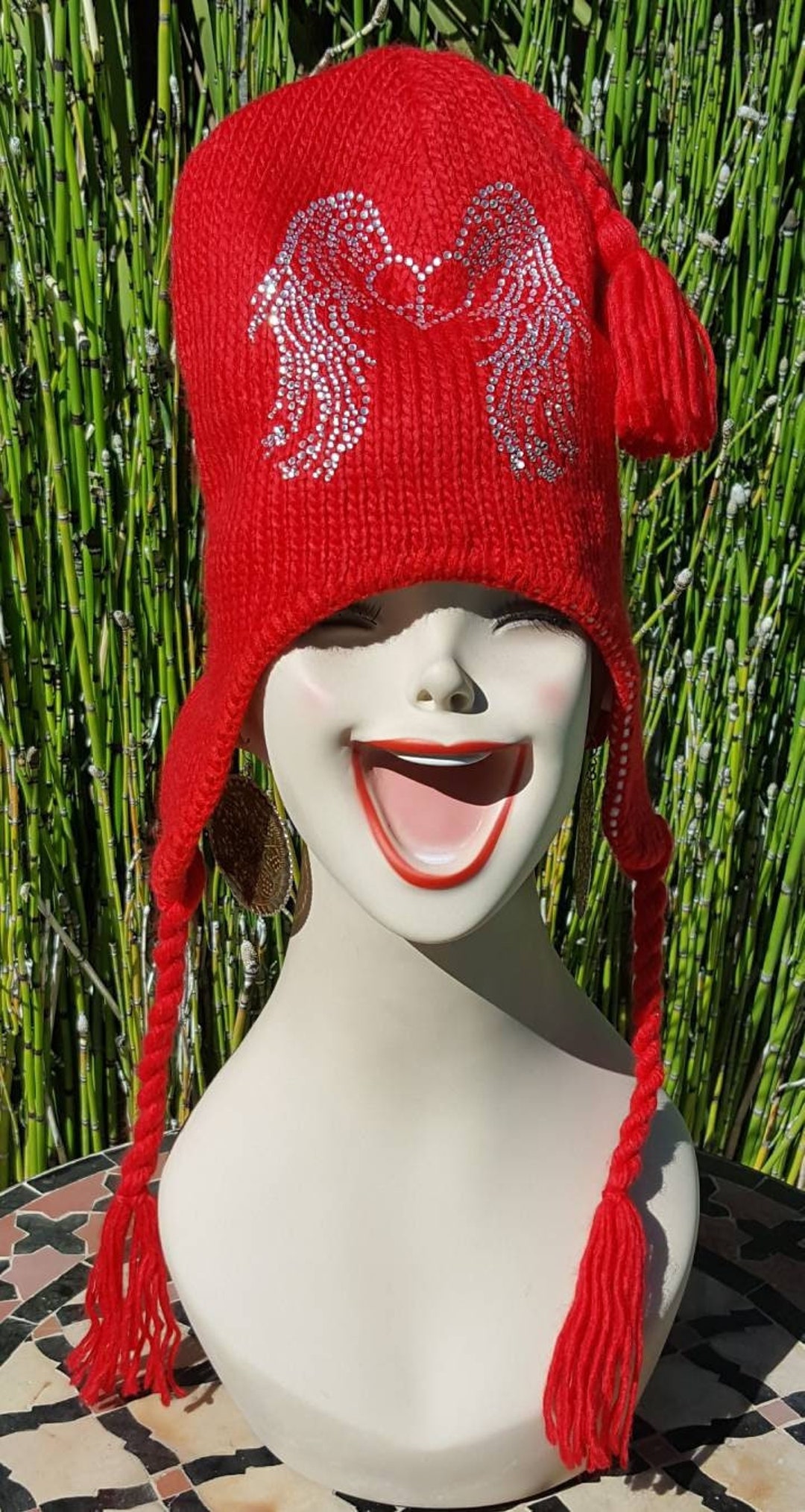 Gorgeous Strassed Angel Wings & Heart Peace Sign Red Beanie Pixie Hat ...