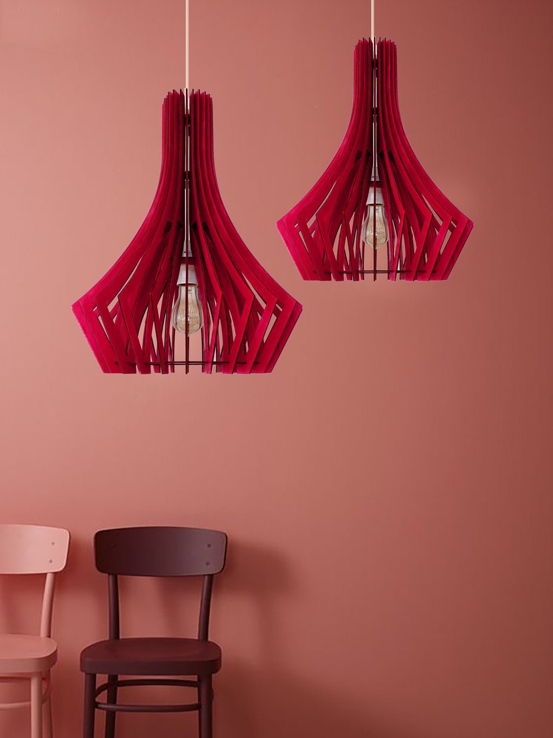 Red Pendant Light Modern Chandelier Lighting Wood Hanging Dining Lamp ...