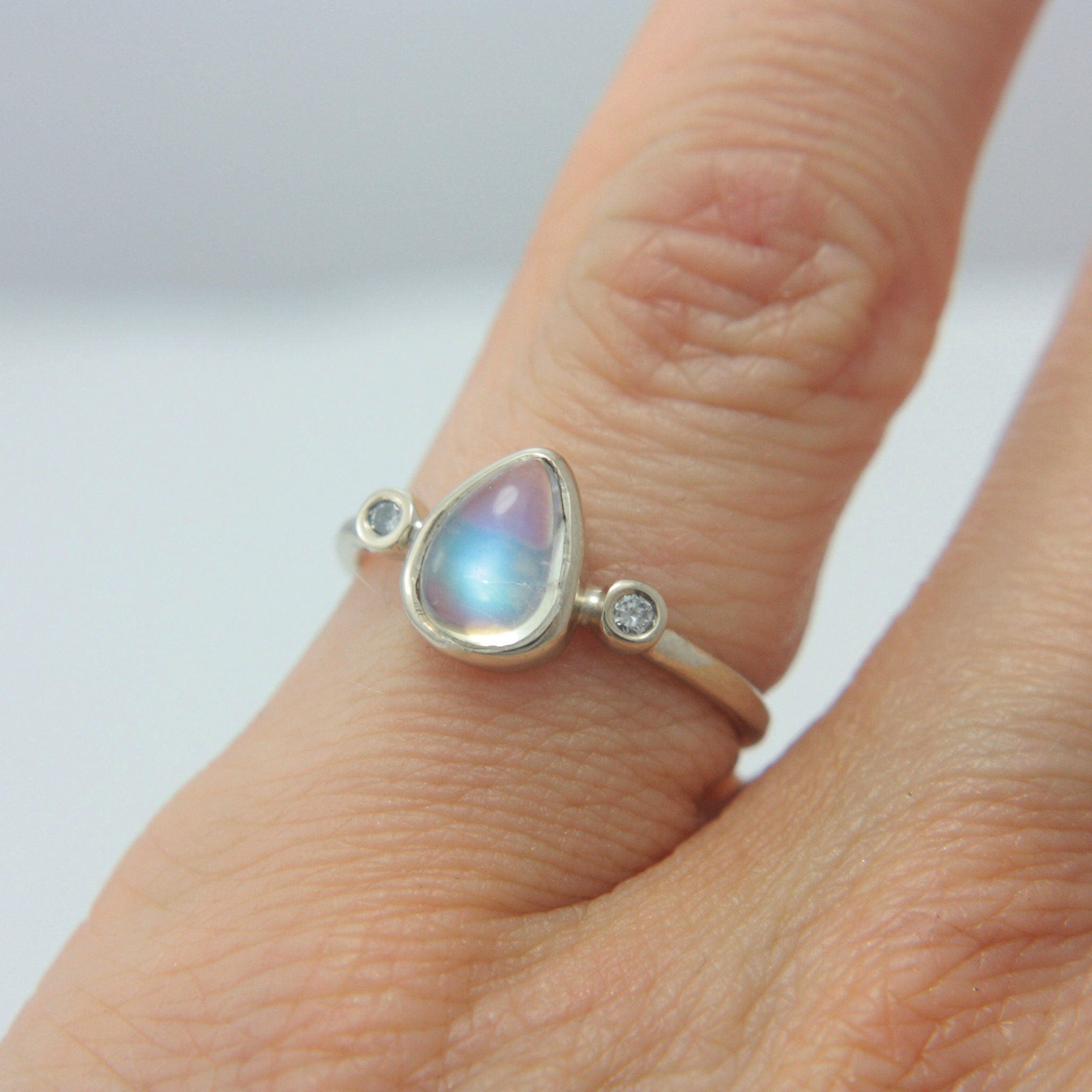 Pear Moonstone and Diamond Ring 14k White Gold Natural - Etsy