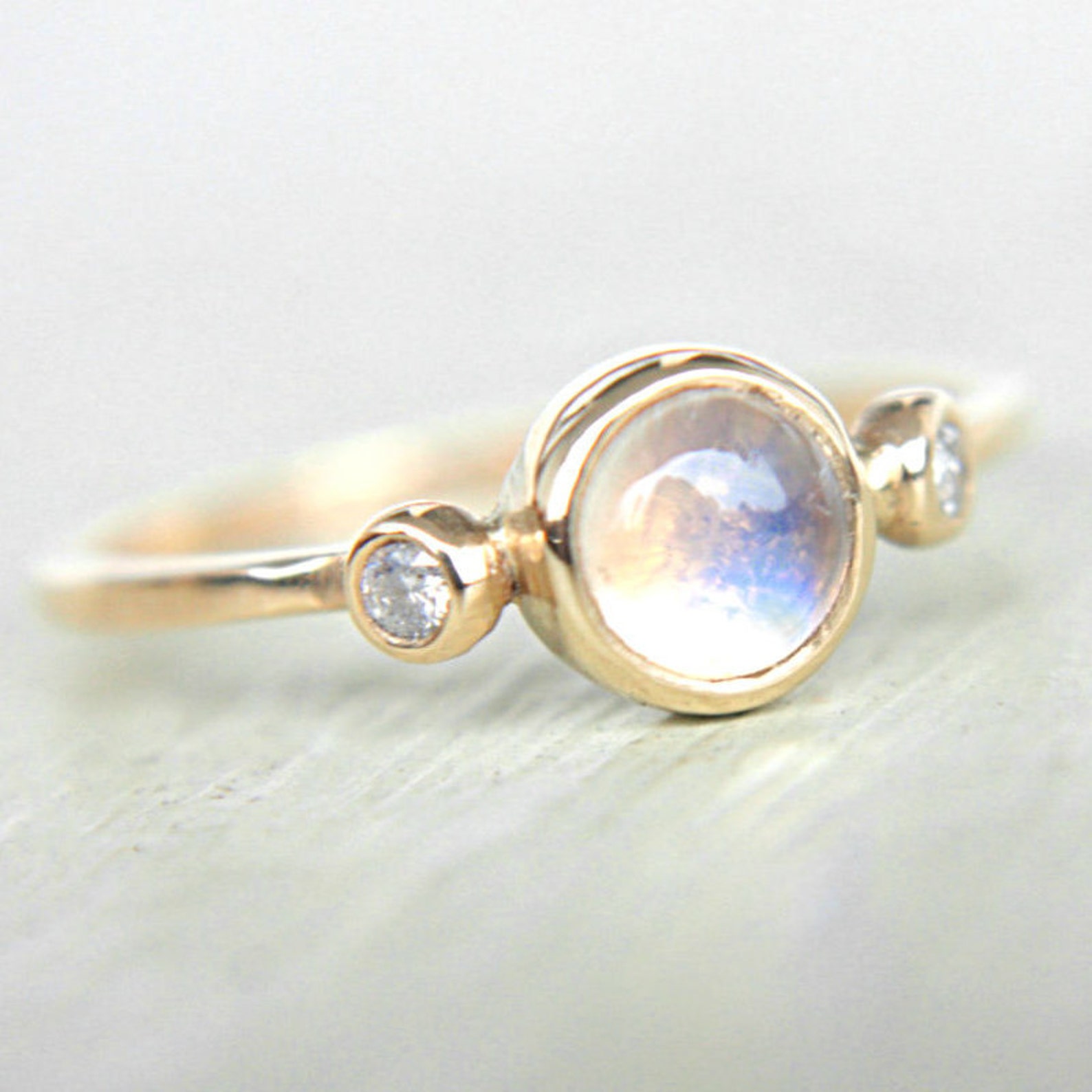 Rainbow Moonstone and Diamond Ring 14k Yellow Gold Natural | Etsy