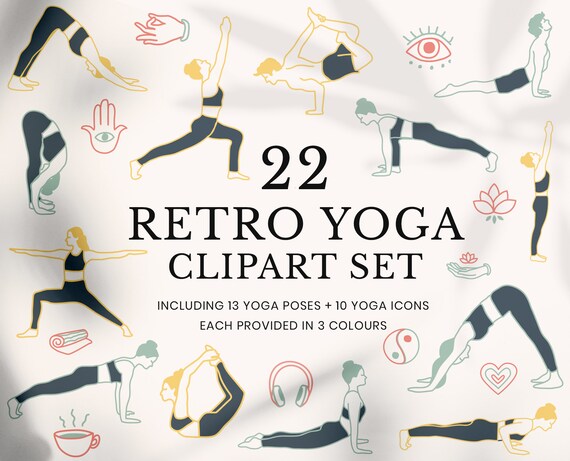 Retro Yoga Poses & Icons Clipart / Clipart Bundle / Retro / | Etsy