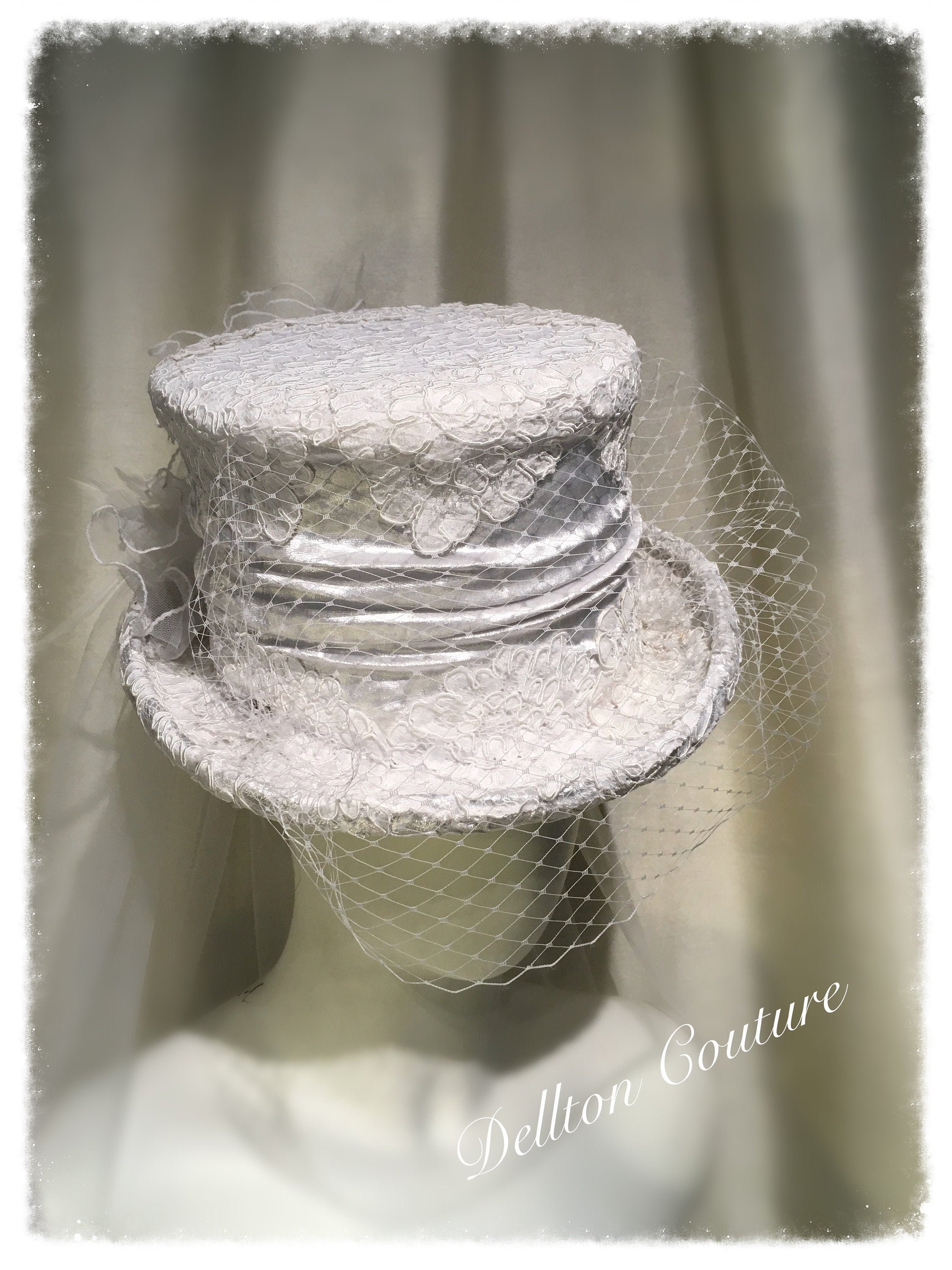 White Velvet & Vintage Lace Wedding Top Hat. Full Size. | Etsy UK