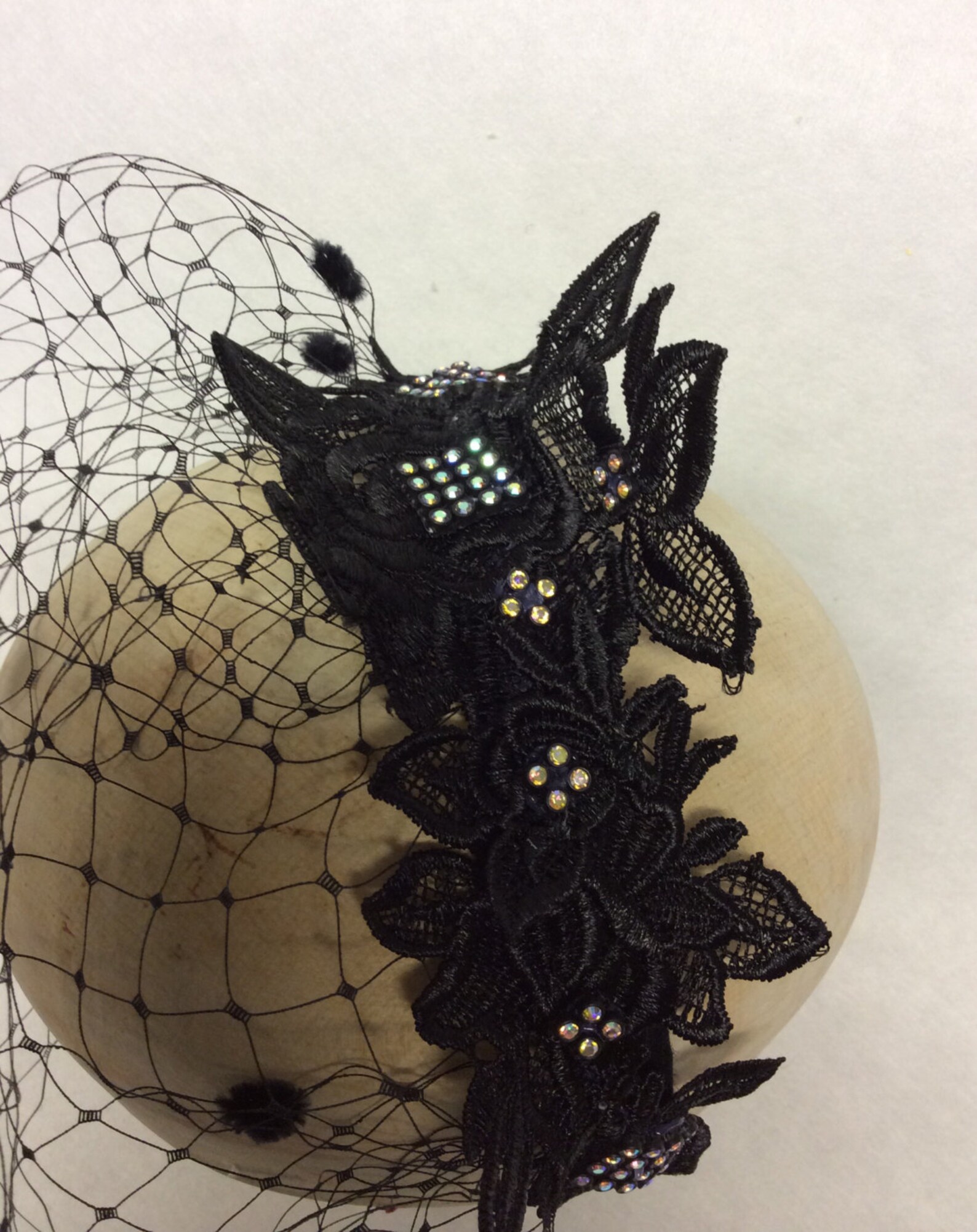 Black Lace and Swarovski AB Crystal Fascinator Chic Veil Birdcage - Etsy