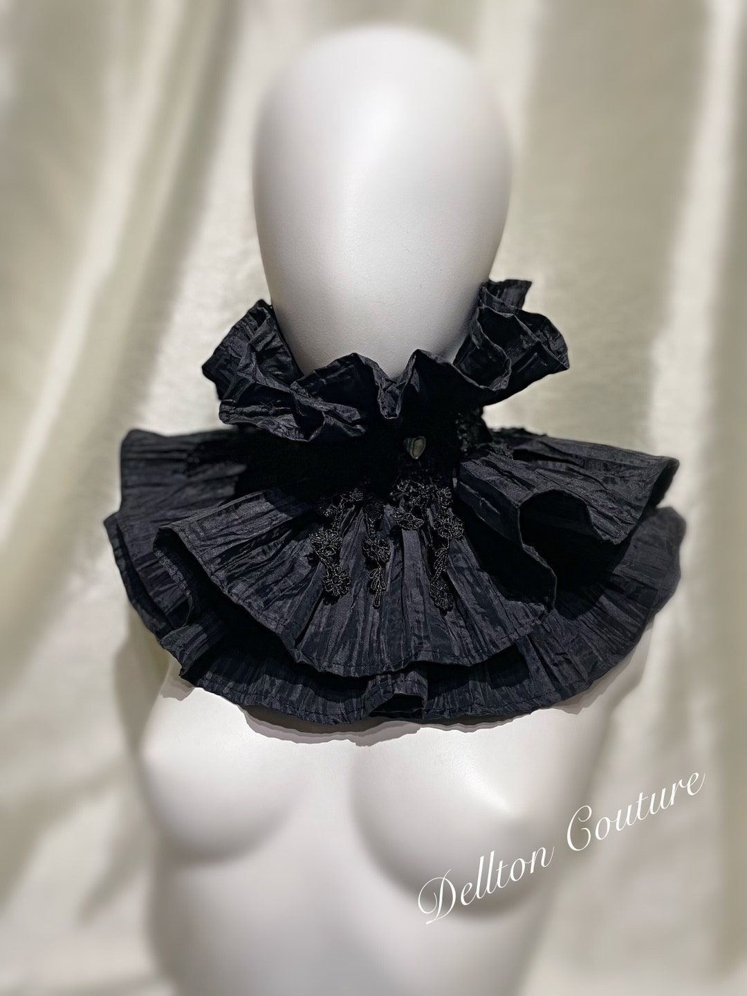 Black Chic Taffeta and Lace High Neck Frilly Neck, Jabot, Cravat ...
