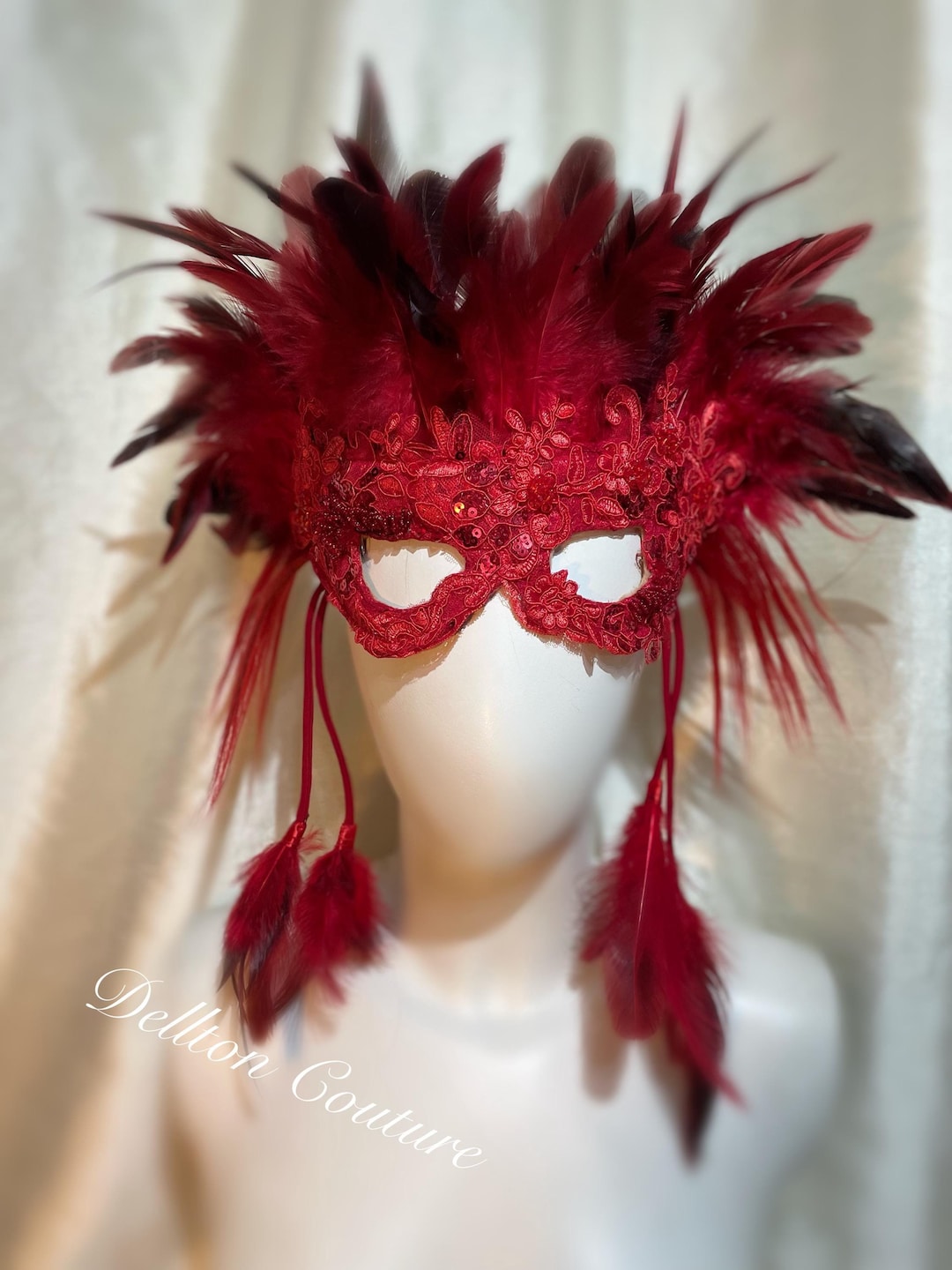 Masquerade Carnival Mask Red Feather and Lace Venetian Masquerade Ball ...