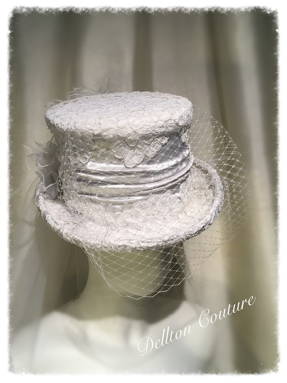 White Velvet & Vintage Lace Wedding Top Hat. Full Size. - Etsy UK