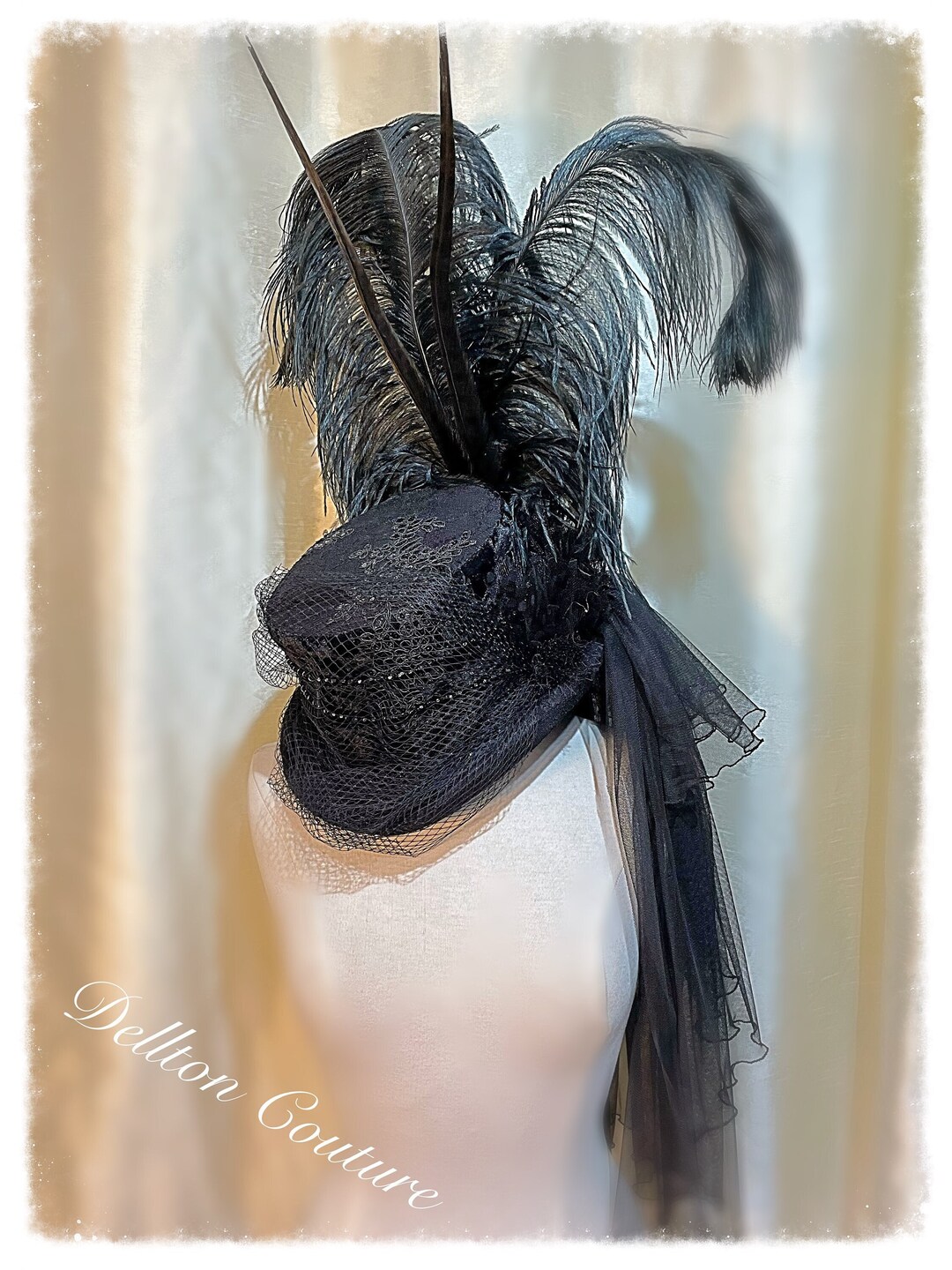 Black Gothic Top Hat Velvet, Lace and Ostrich Feather Steampunk, Bride ...