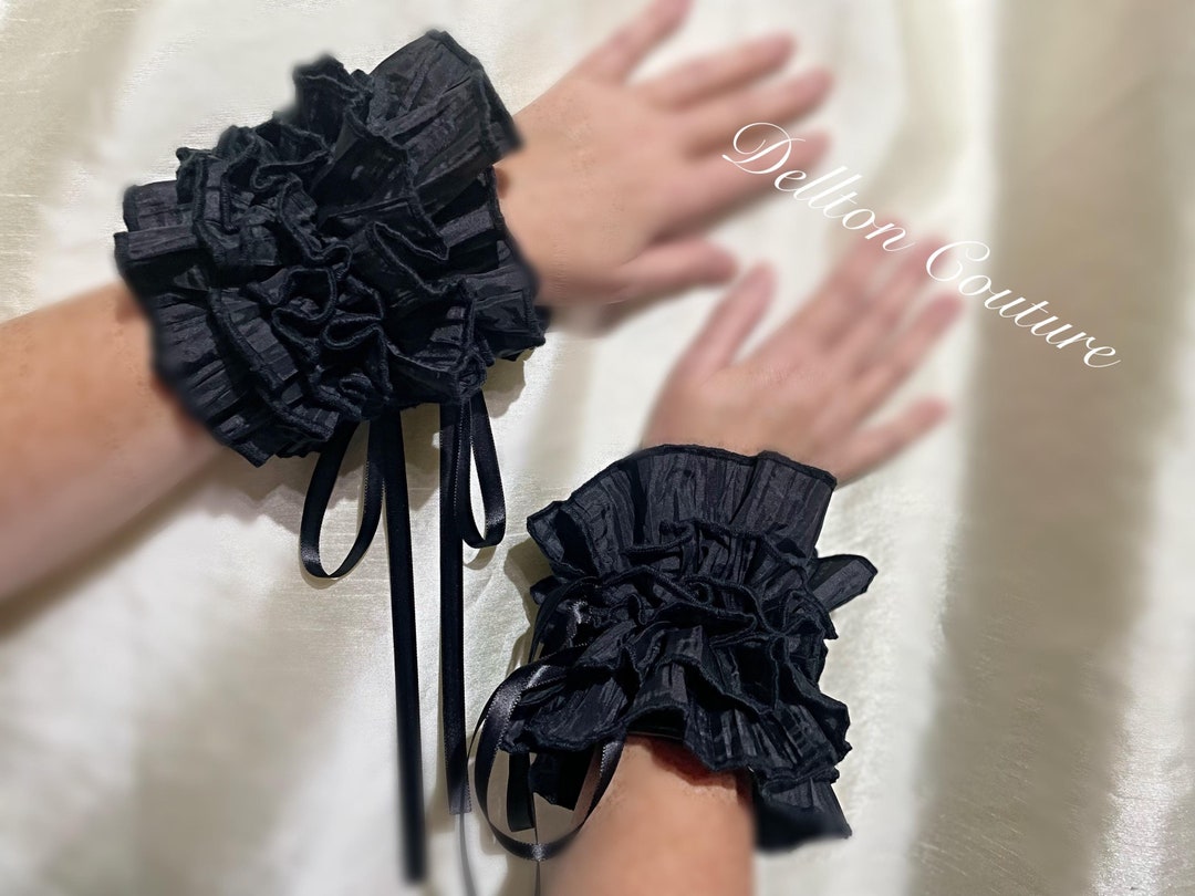 Frilly Cuffs Black Crinkle Taffeta Pair Wrist Ruffle, Steampunk ...