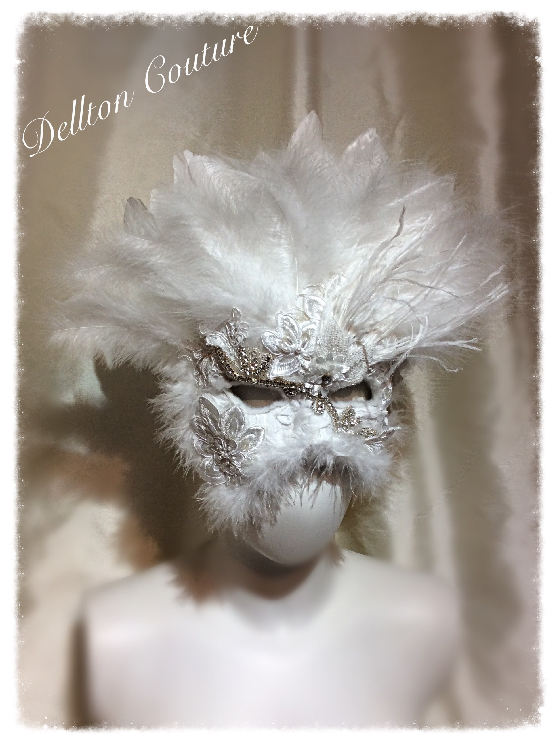 White Feather and Lace Masquerade Mask Venetian Masquerade | Etsy
