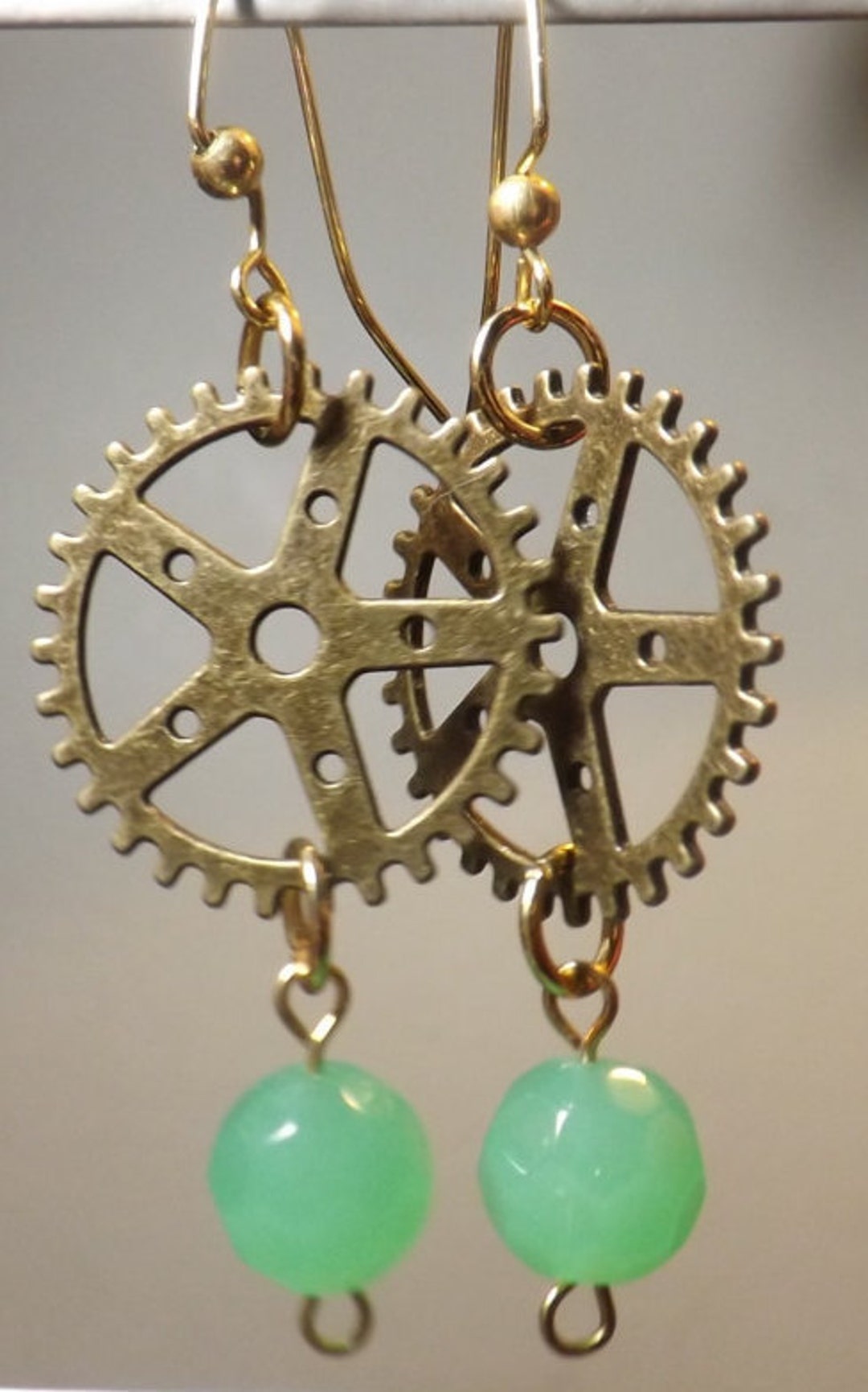 Brass Gear Earrings With Faceted Green Jade Bead, Industrial Jewelry ...