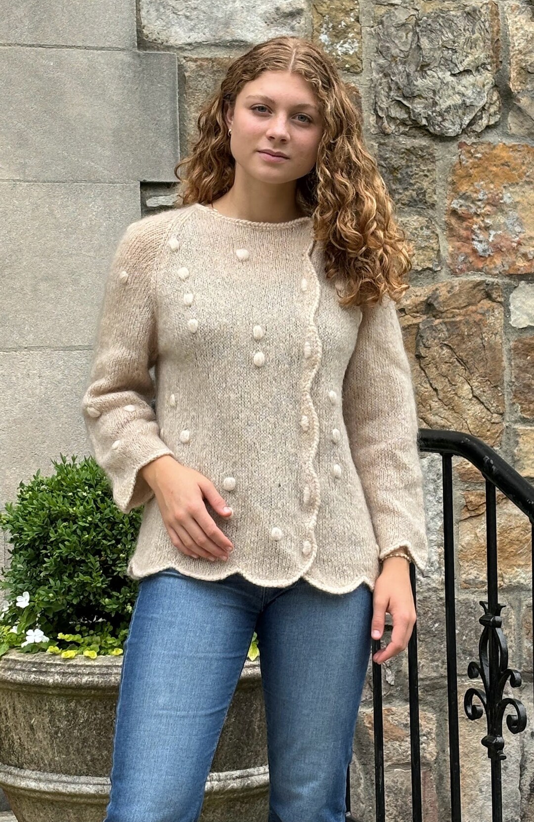 1960s Italian Hand Knit Ilaria Beige Sweater With Scallops and Polka ...