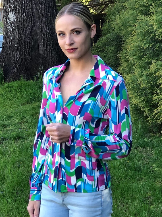 1970s Marchesa di Gresy for I Magnin Groovy Op Art Bl… - Gem