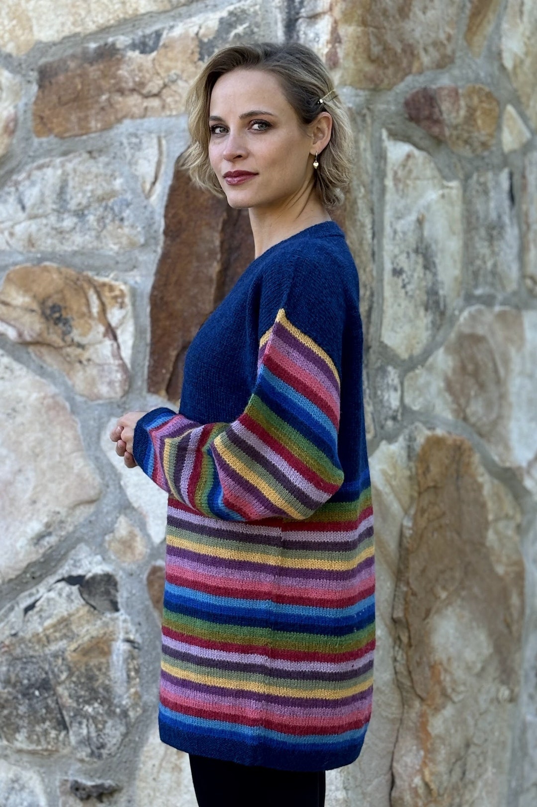 Vintage Bolivian Alpaca Sweater - Fotrama - Navy Blue With Rainbow ...