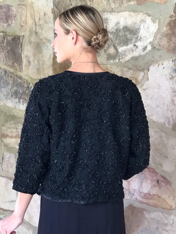 1950s 1960s Black Hand Beaded Cocktail Jacket with So… - Gem
