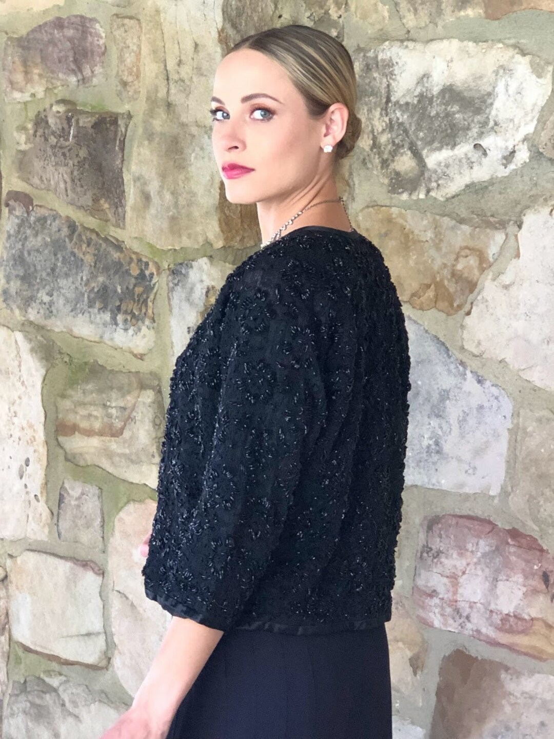 1950s 1960s Black Hand Beaded Cocktail Jacket With Soutache Lace and ...