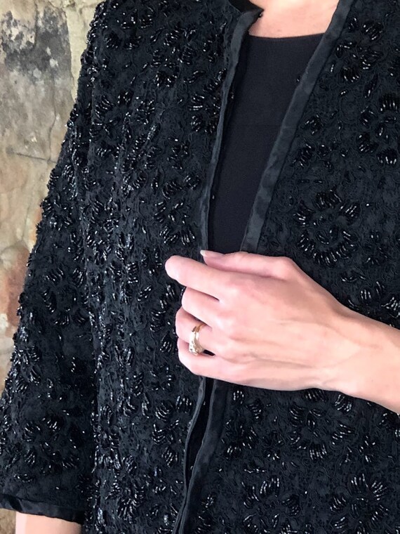 1950s 1960s Black Hand Beaded Cocktail Jacket with So… - Gem