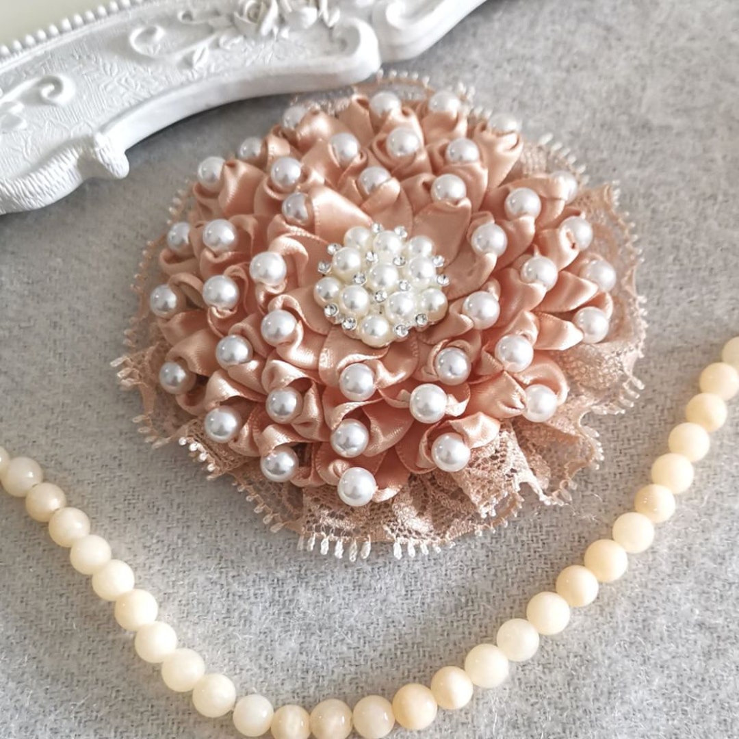 Handmade Ribbon Flower Lace Flower With Pearls (3-1/2 Inches) in Raw ...