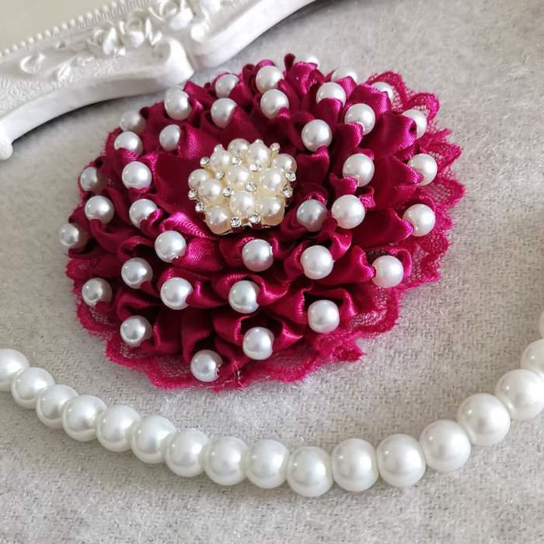 Handmade Ribbon Flower Lace Flower With Pearls (3-1/2 Inches) in Wine ...