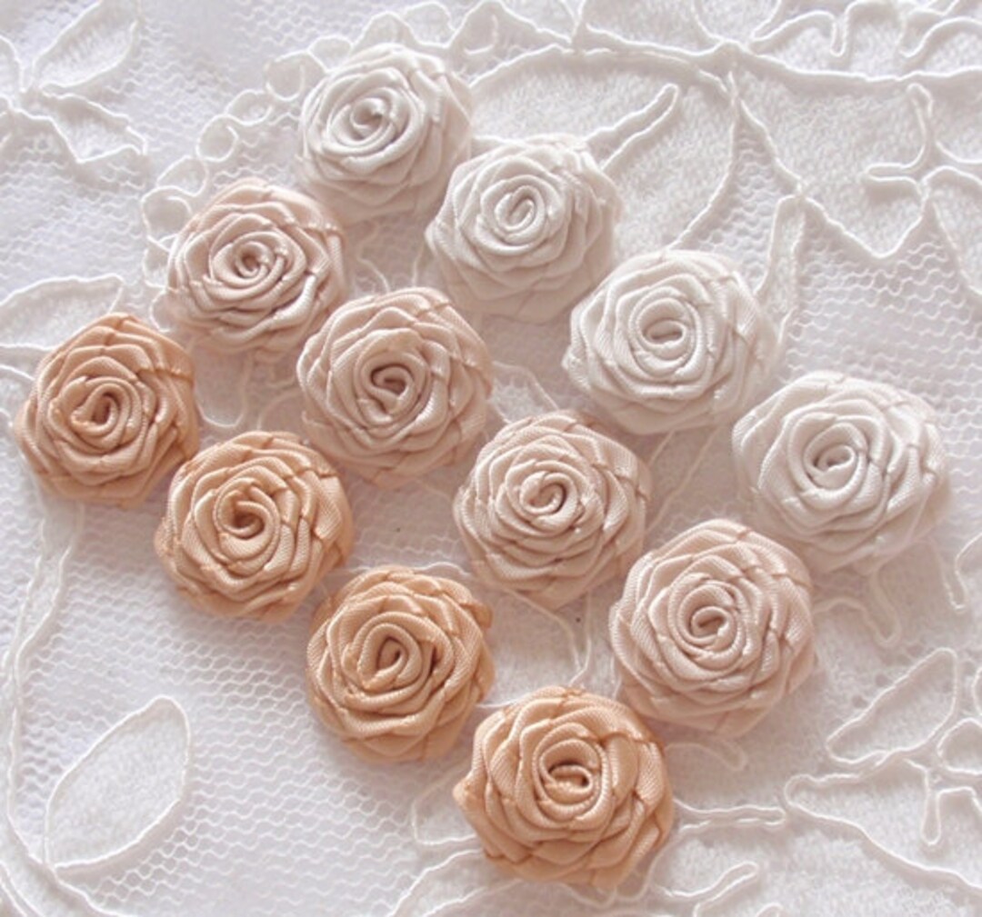 12 Small Handmade Ribbon Roses (7/8 to 1 Inch) in Antique White, Cream ...