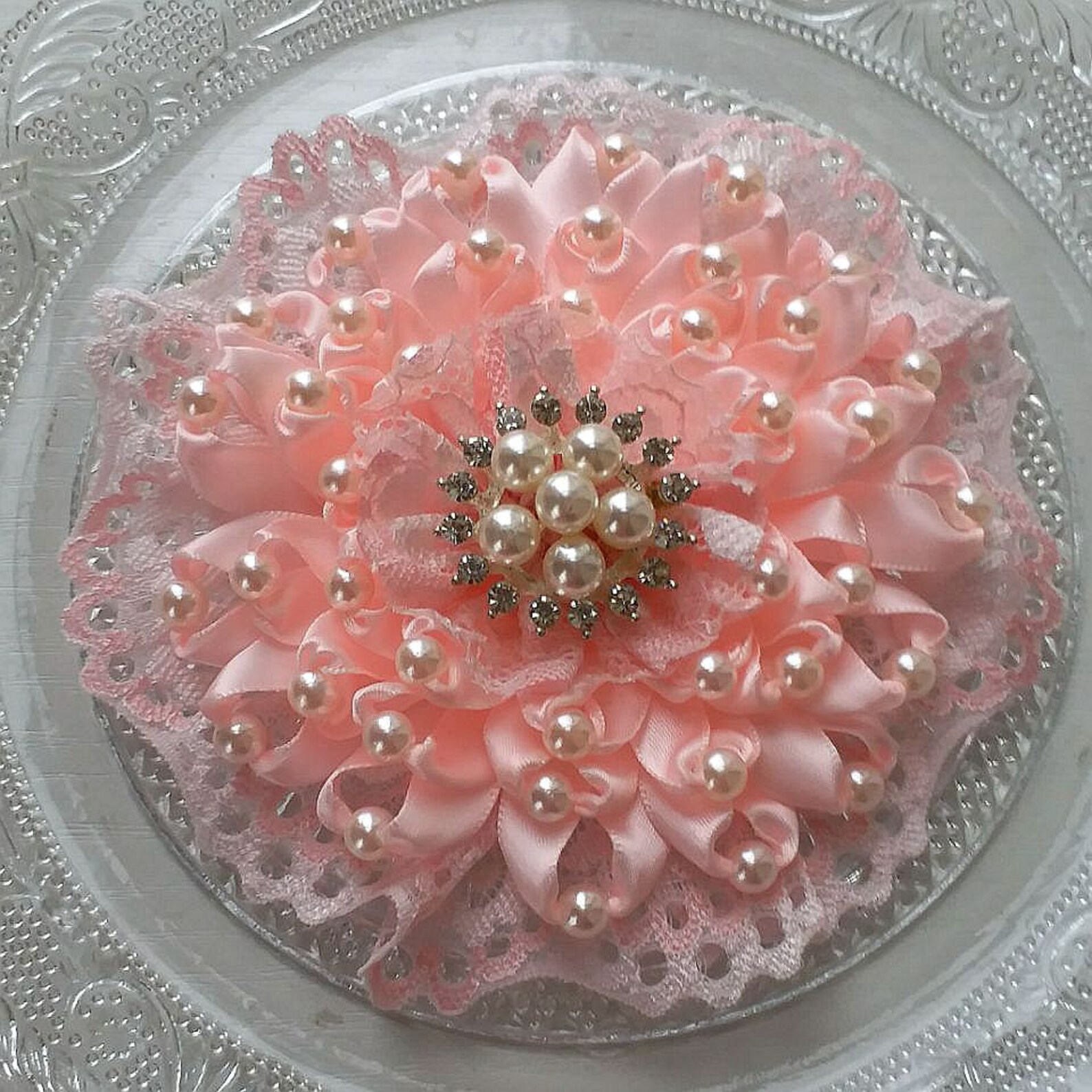 Large Handmade Ribbon Flower Lace Flower With Pearls | Etsy