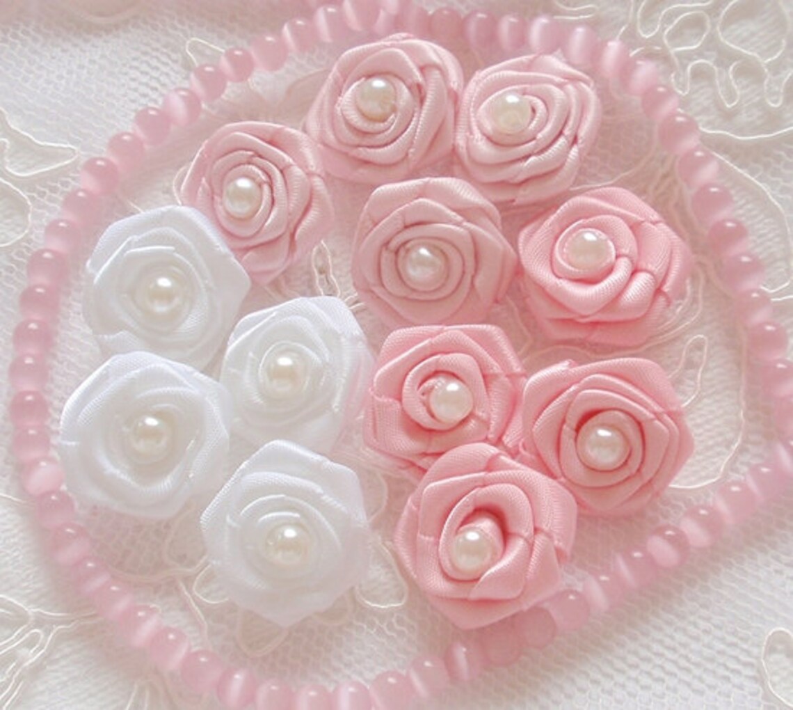 12 Handmade Ribbon Roses 7/8 Inch White Powder Pink Rose - Etsy