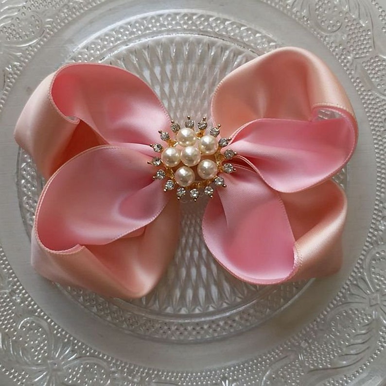 Handmade Satin Ribbon Bow With Pearl Rhinestone 5x3.5 inch | Etsy