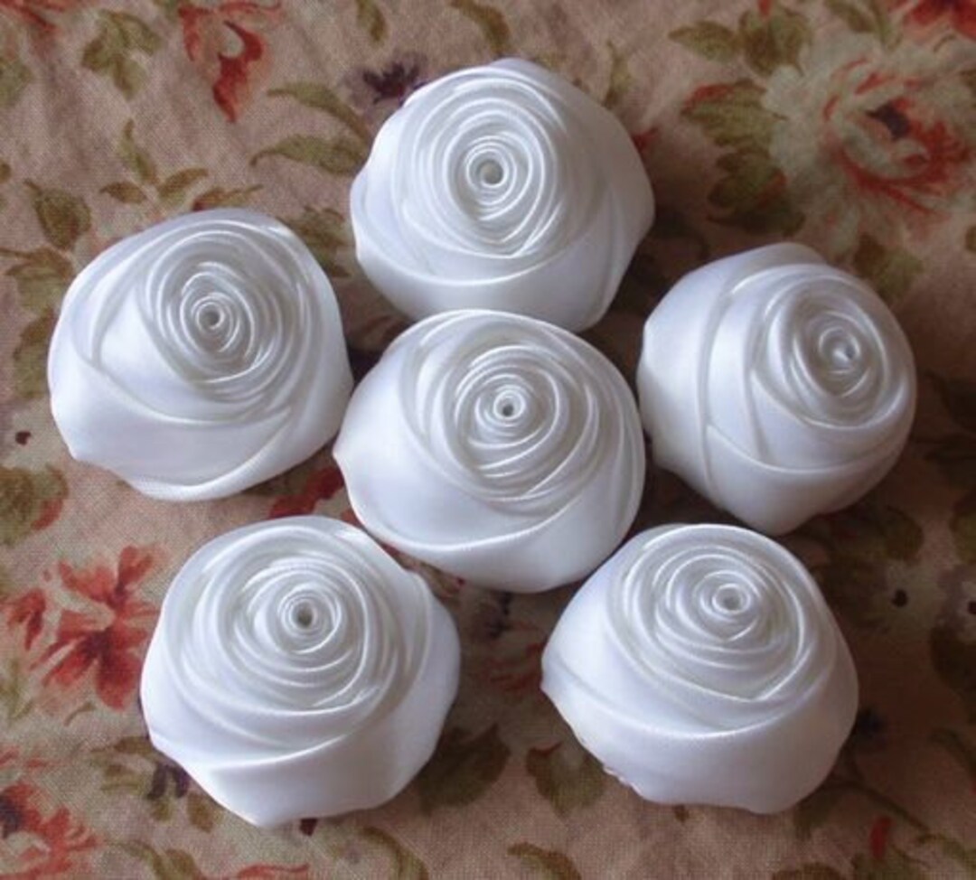 6 Handmade Ribbon Rolled Roses (1-1/4 Inches) in White MY-014 -05 Ready ...