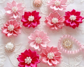 9 Ribbon Flowers Ribbon Roses With Pearls in Pearl Pink | Etsy