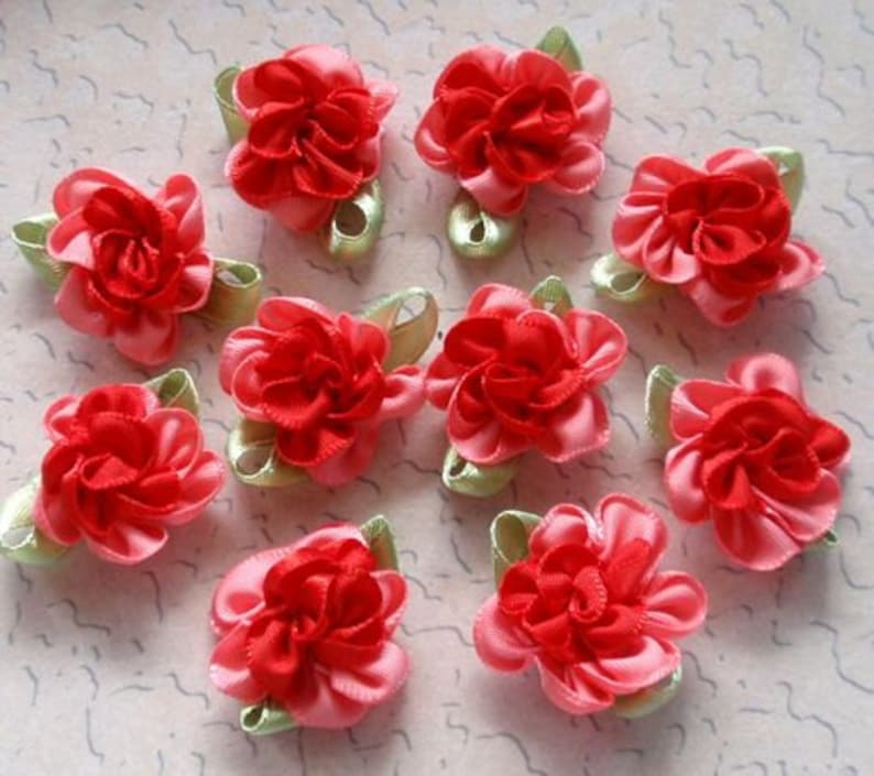 10 Handmade Ribbon Flowers With Leaves 1 Inch With Leaf Size - Etsy