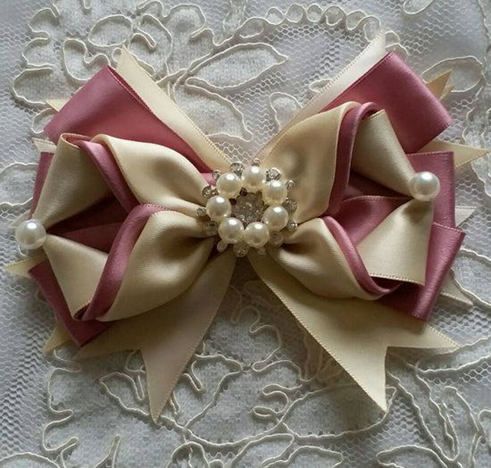 Handmade Satin Ribbon Bow With Pearl and Rhinestone 5x4.5 - Etsy