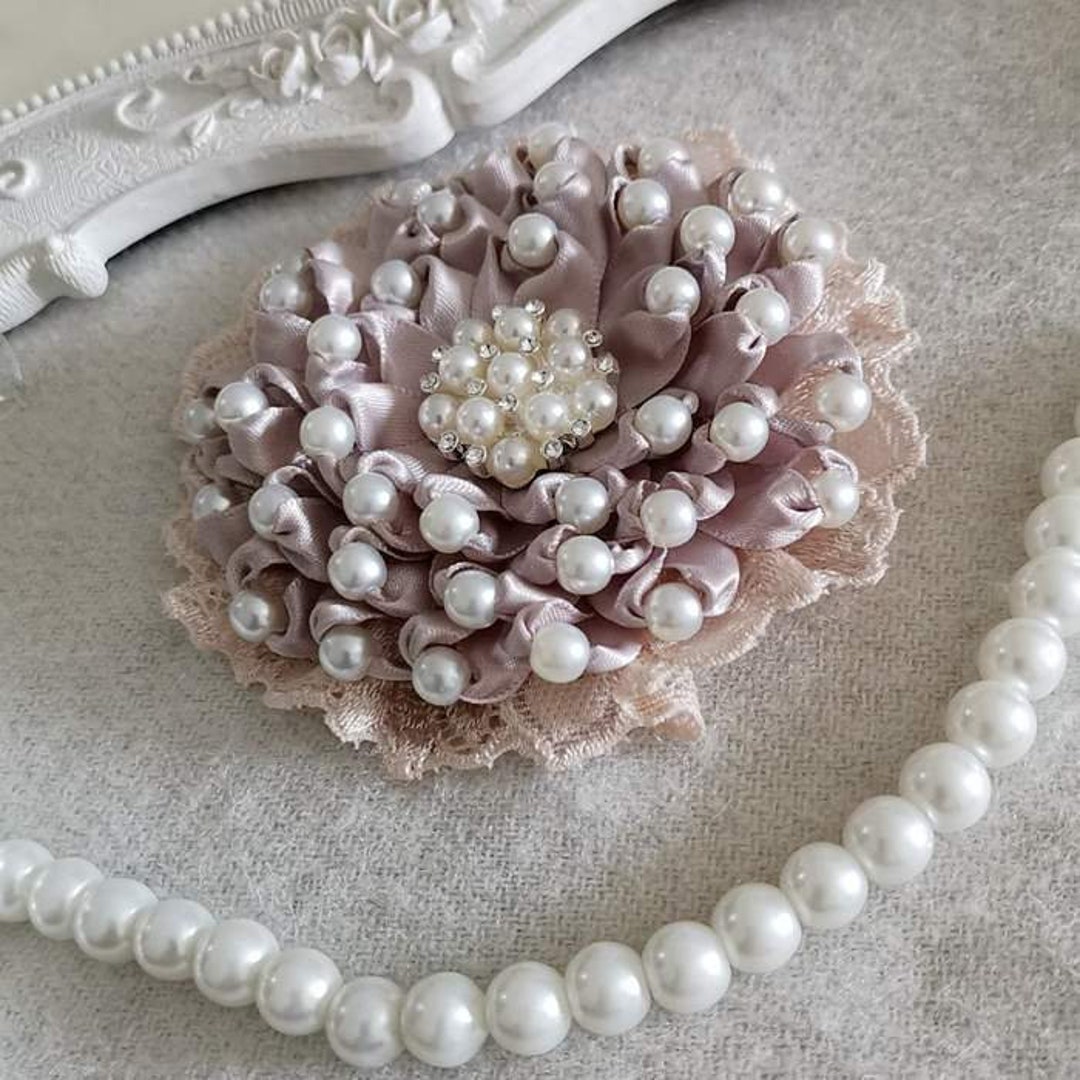 Handmade Ribbon Flower Lace Flower With Pearls More Color to Choose (3 ...