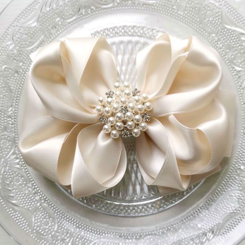 Handmade Satin Ribbon Bow With Pearl Rhinestone Cream and Over | Etsy