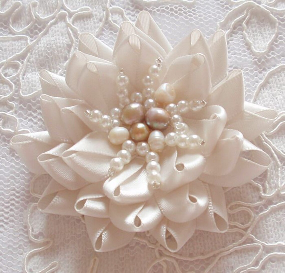 Handmade Ribbon Flower With Beads Antique White 2-3/4 Inches - Etsy