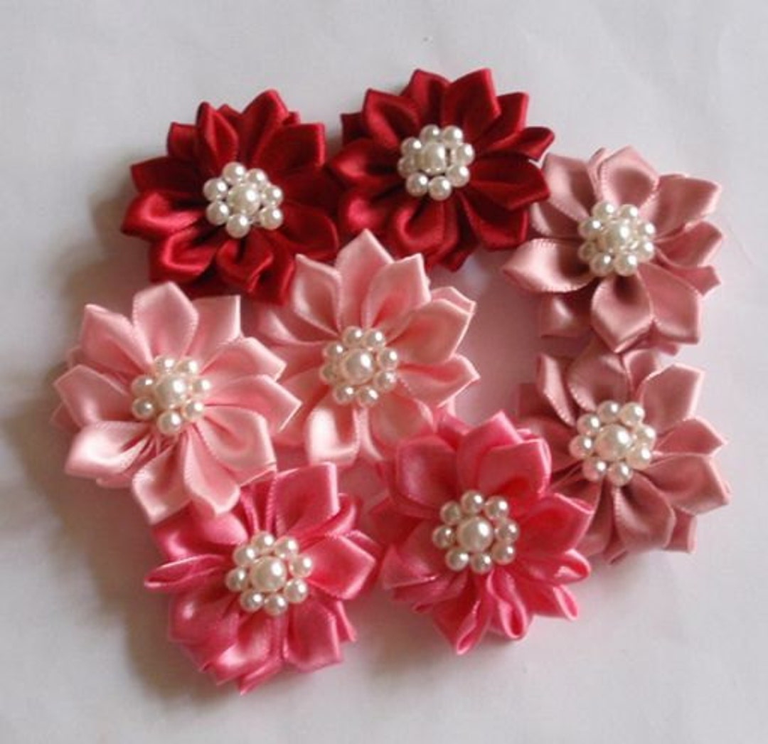 8 Handmade Flowers With Pearls in Pearl Pink, Red, Rose Mauve, Fantasy ...