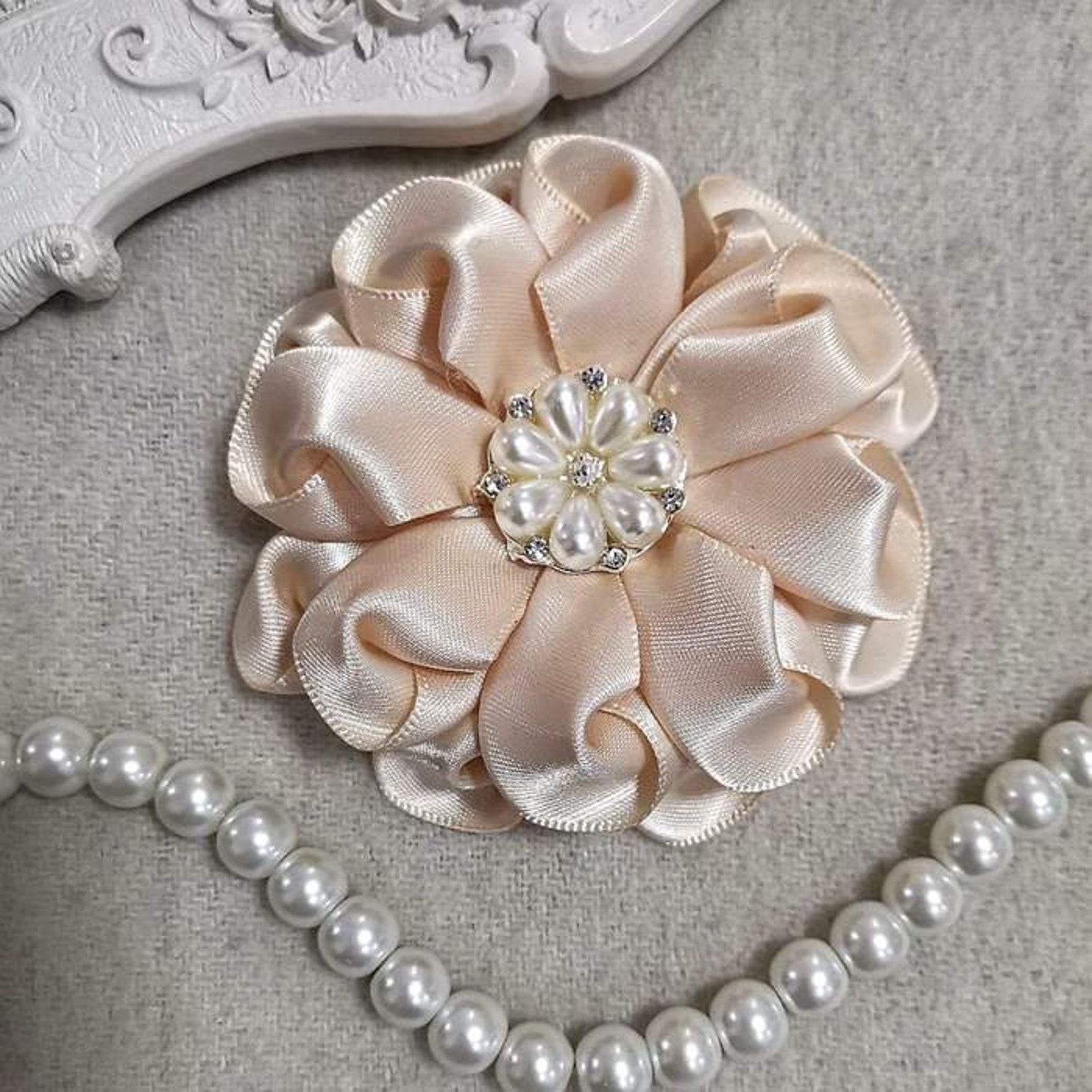 Handmade Ribbon Flower Ribbon Roses Satin Flower in Ivory (3 Inches ...