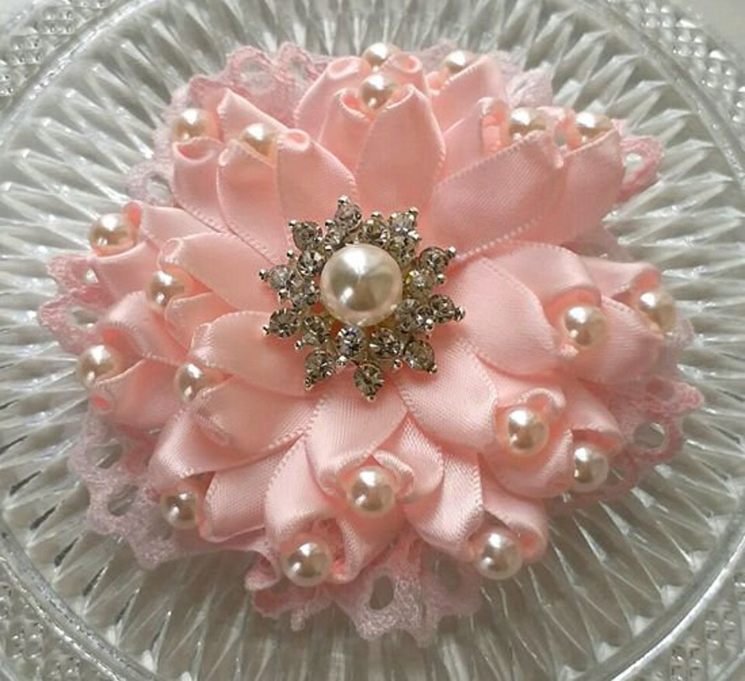 Handmade Ribbon Flower Lace Flower With Pearls Rhinestone (3 Inches) in ...
