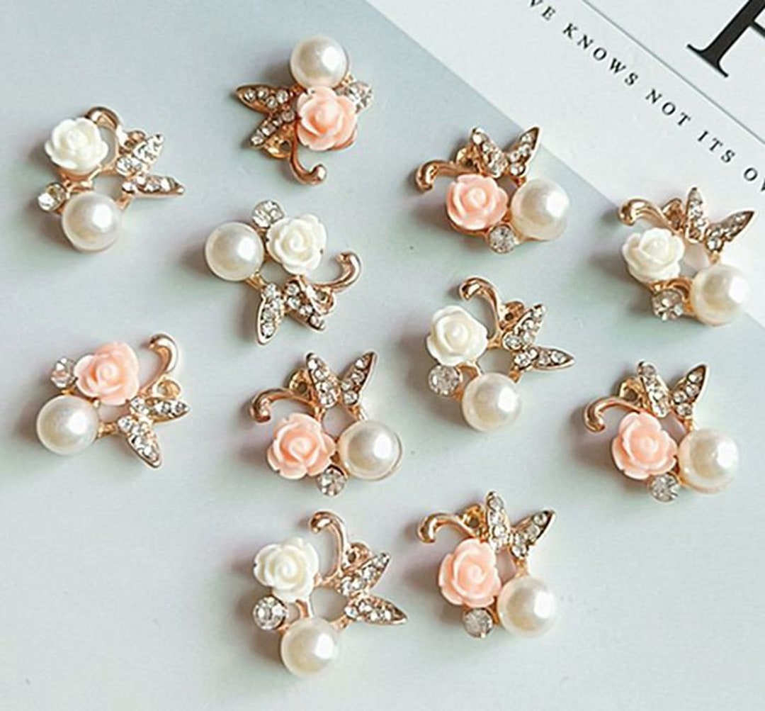 10 Flat Back Rhinestone Button Pearl Resin Button Flower Butterfly ...