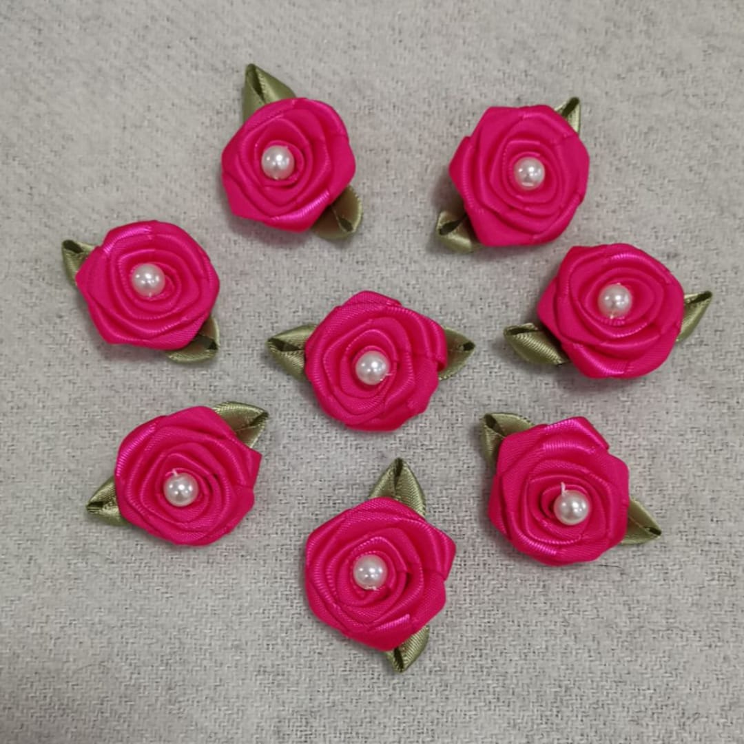 8 Handmade Ribbon Roses With Leaves (1 Inch) in Shocking Pink and Have ...