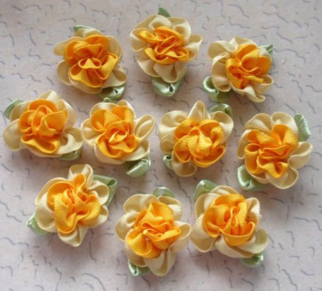10 Handmade Flowers With Leaves (1 Inch, With Leaf Size 1-1/4) Orange ...