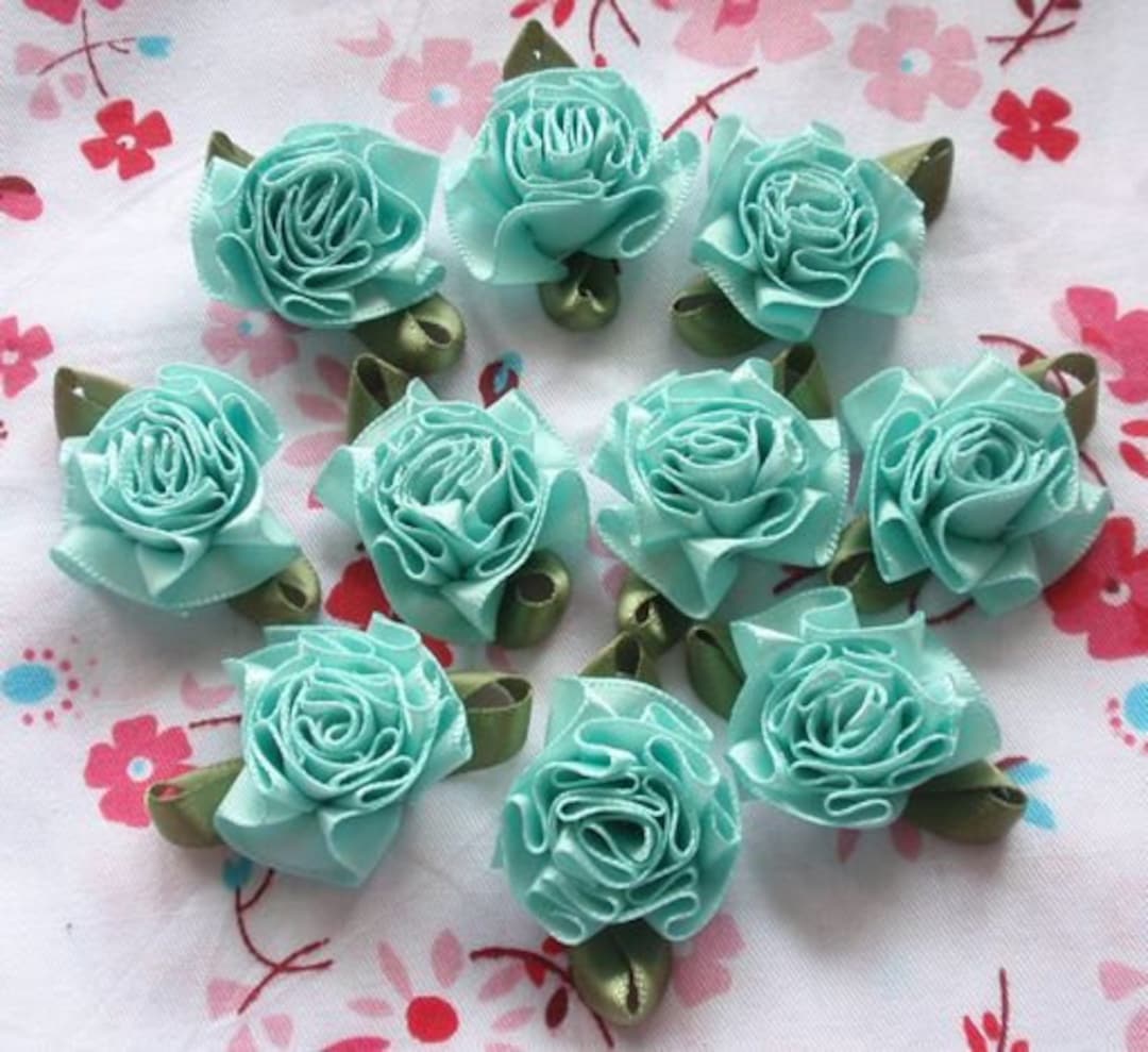 10 Handmade Ribbon Flowers With Leaves Over 150 Colors to Choose (1-1/4 ...