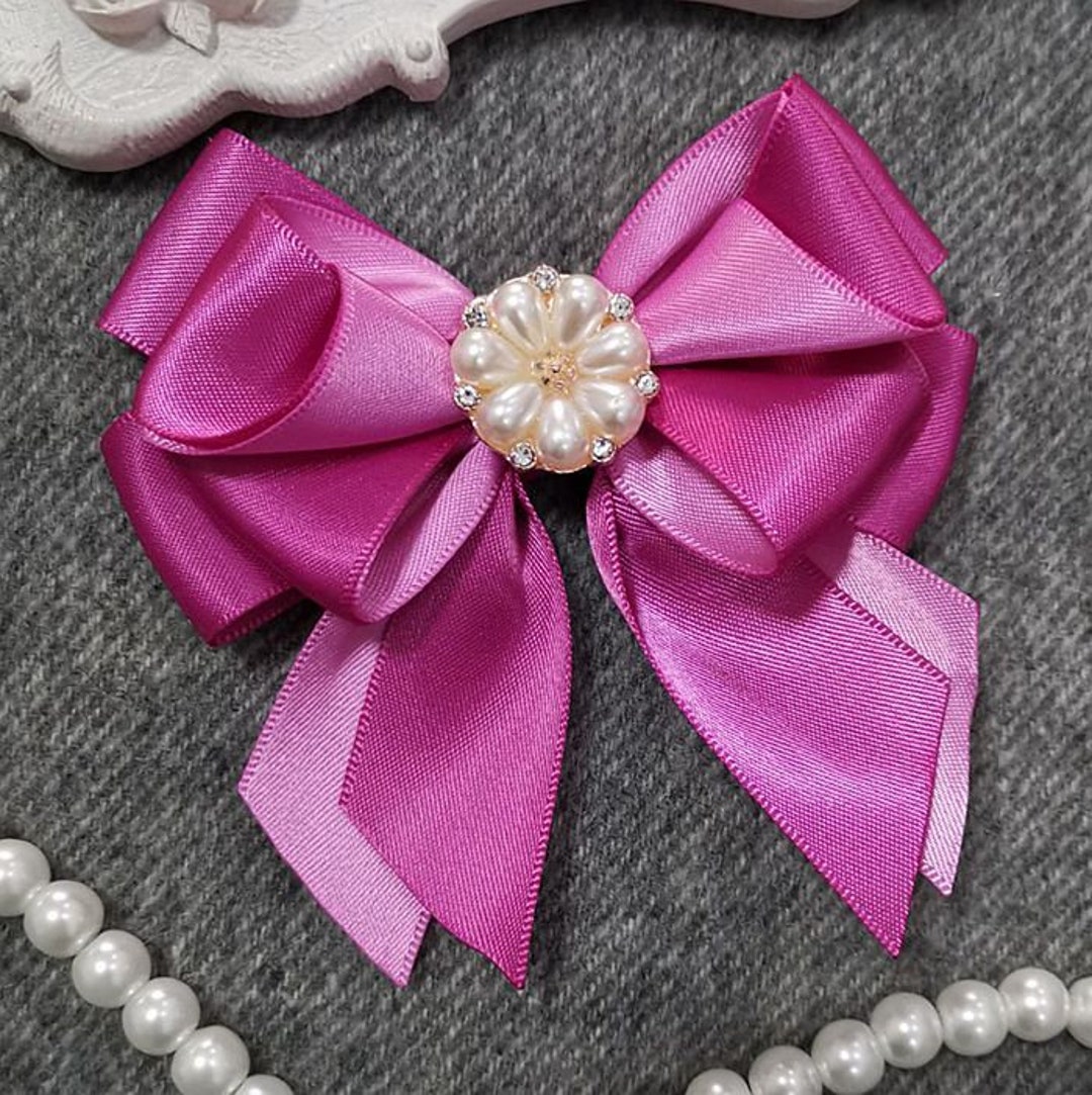 Handmade Satin Ribbon Bow With Pearl Raspberry Rose, Rose Bloom Have ...