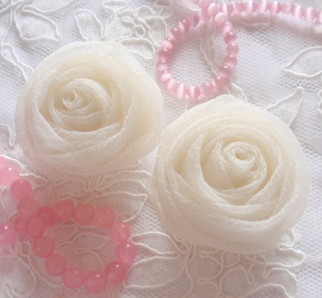 2 Organza Rolled Roses Chiffon Roses Fabric Flower (2 Inches) in Cream ...