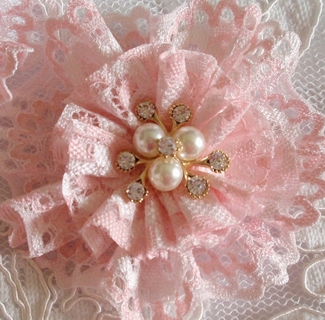 2 Lace Flower With Rhinestone Pearl 3 inches In Lt pink | Etsy