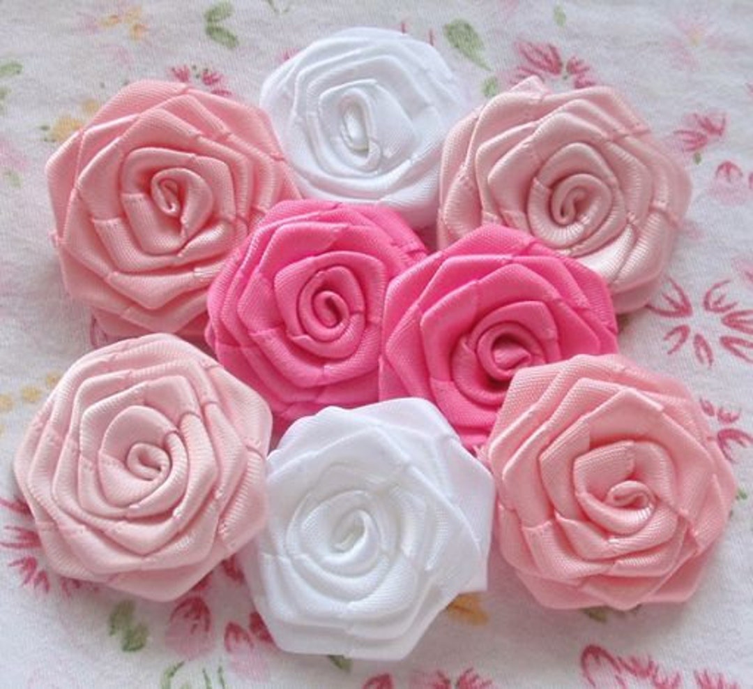 8 Handmade Ribbon Roses (1-1/4 Inches) in Lt Pink and White Combination ...